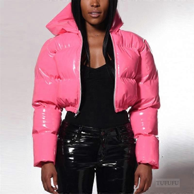 Fashion Cute Women Bright PU Pink Puffer Jacket Winter Warm Bubble ...