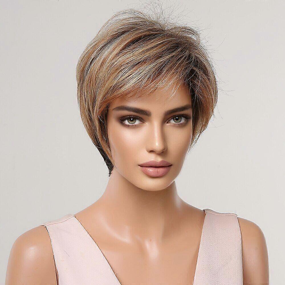Short Synthetic Layered Cut Hair Wigs with Bangs Dark Root Heat ...