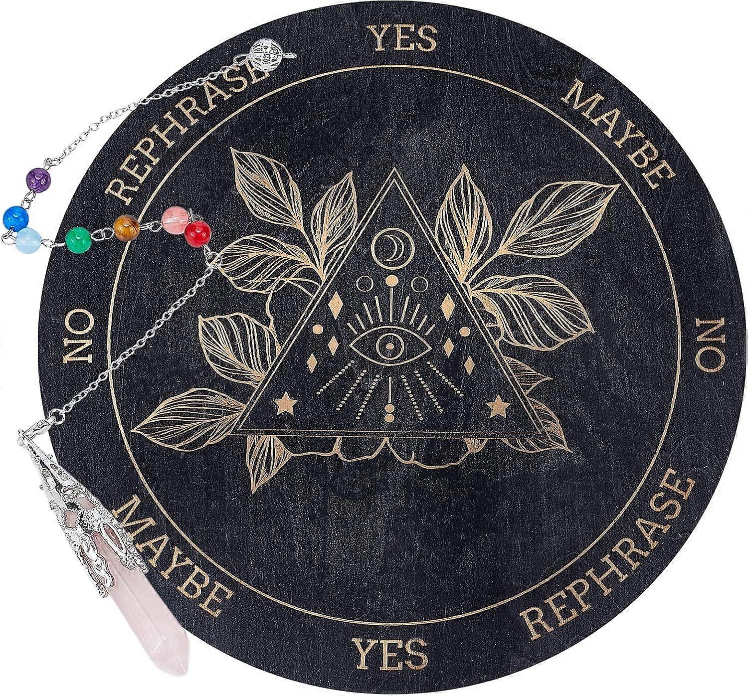 7.8" Witch Pendulum Board Wooden Dowsing Planchette with Rose Quartz Crystal Dowsing Pendulums ...