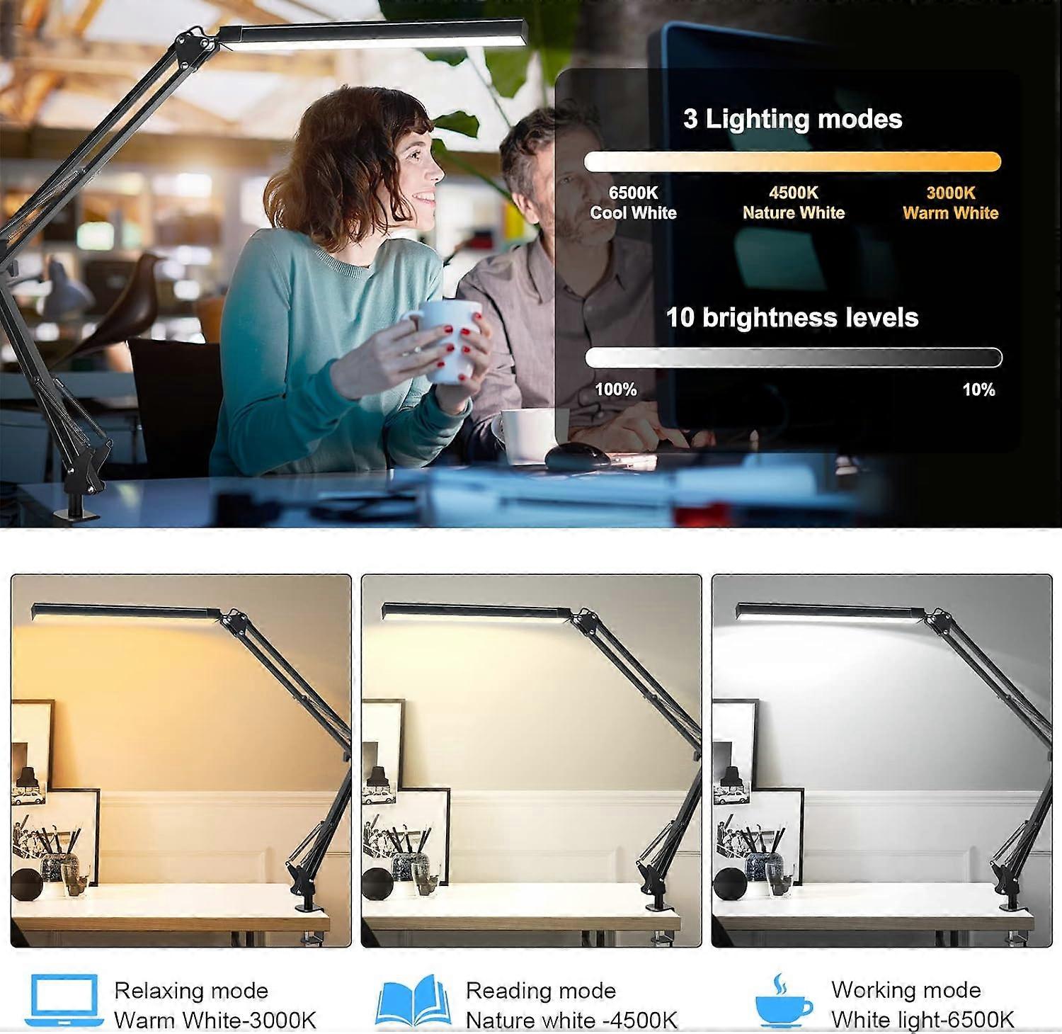 USB LED Desk Lamp, Adjustable Swing Arm Desk Light with Clamp, 12W ...