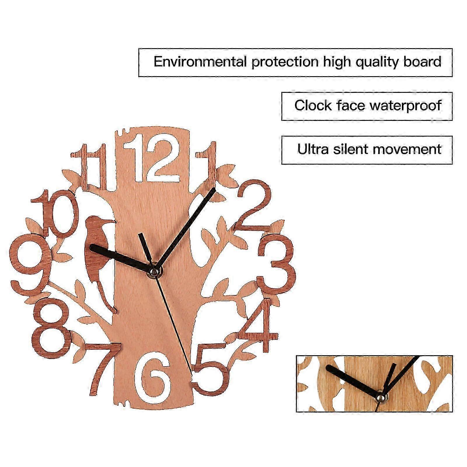 Wooden Silent Hanging Clock Carved Bird Design Natural Grain 22x22cm ...