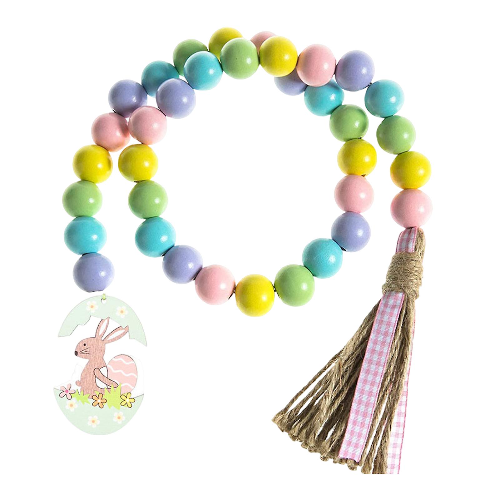 Easter Wood Bead Garland with Tassel Bunny Tags Boho Decor Farmhouse ...