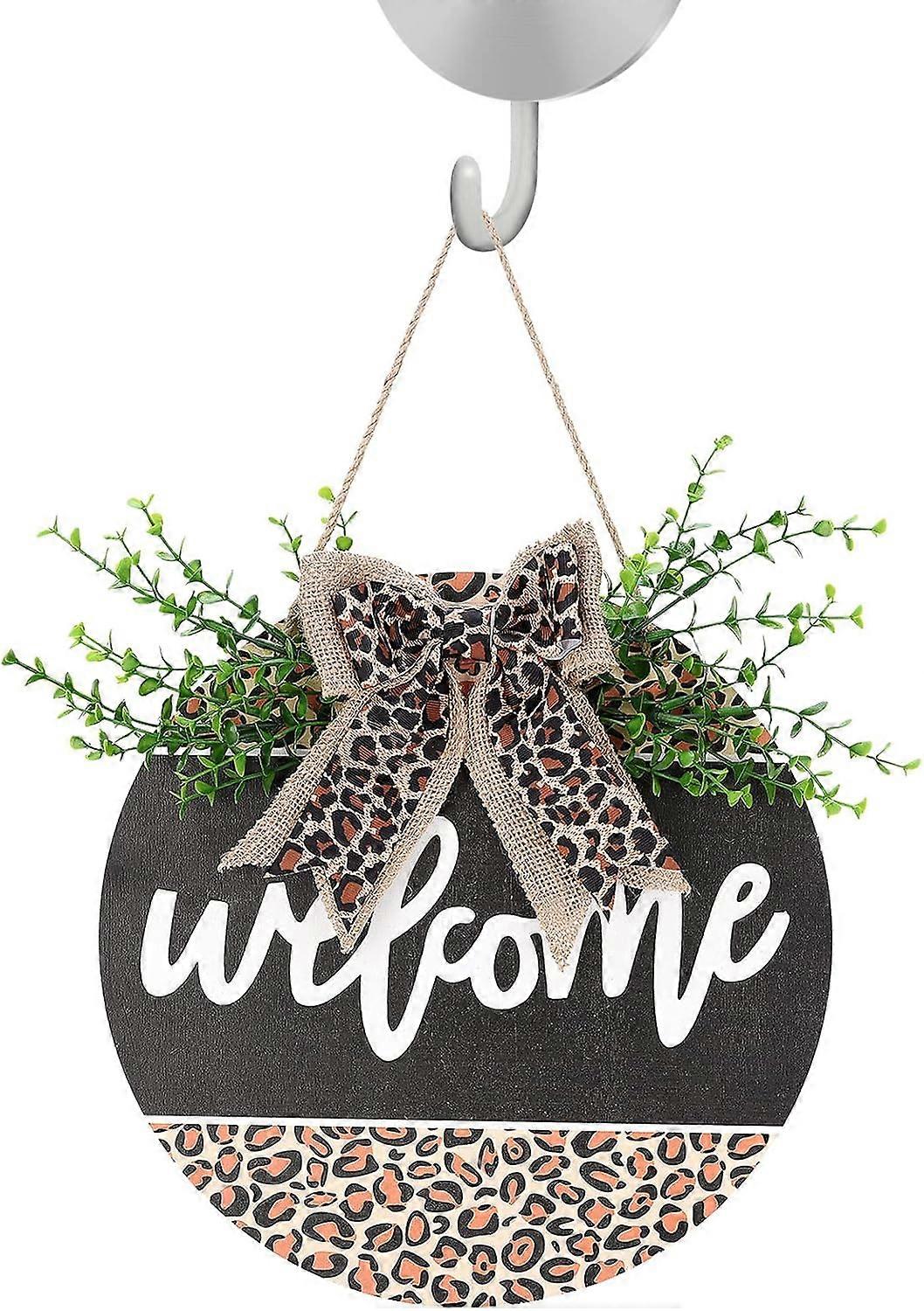 Vintage Leopard Print Welcome Sign Wreath - Round Wood Hanging Front ...