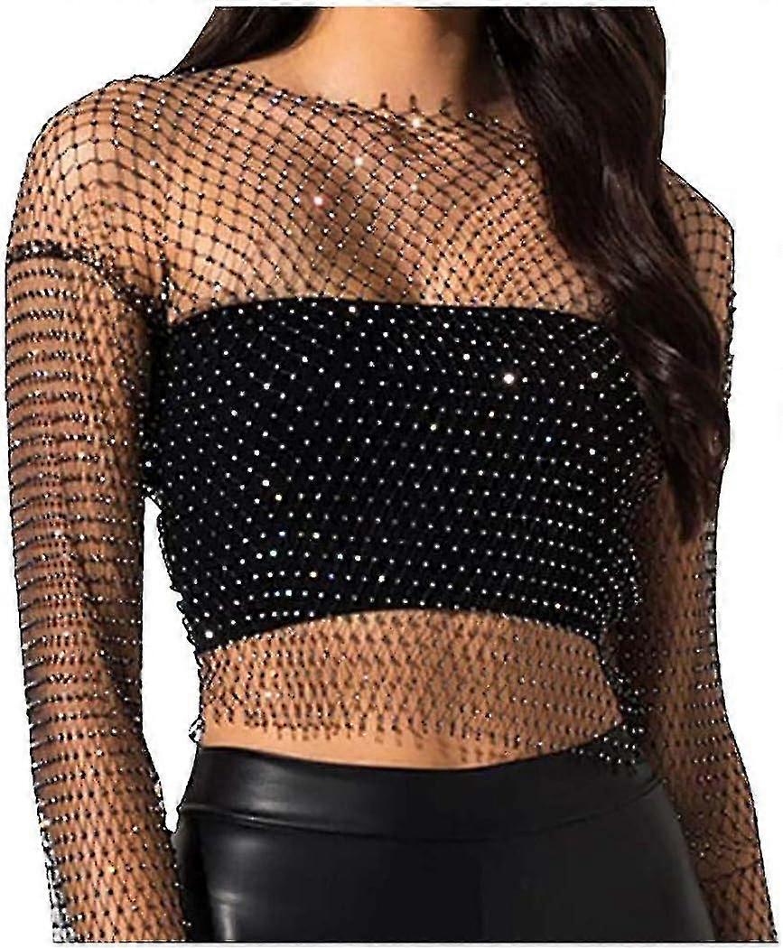 Women Mesh Body Chains Rhinestone Long Sleeve Crystal See Through Cover ...