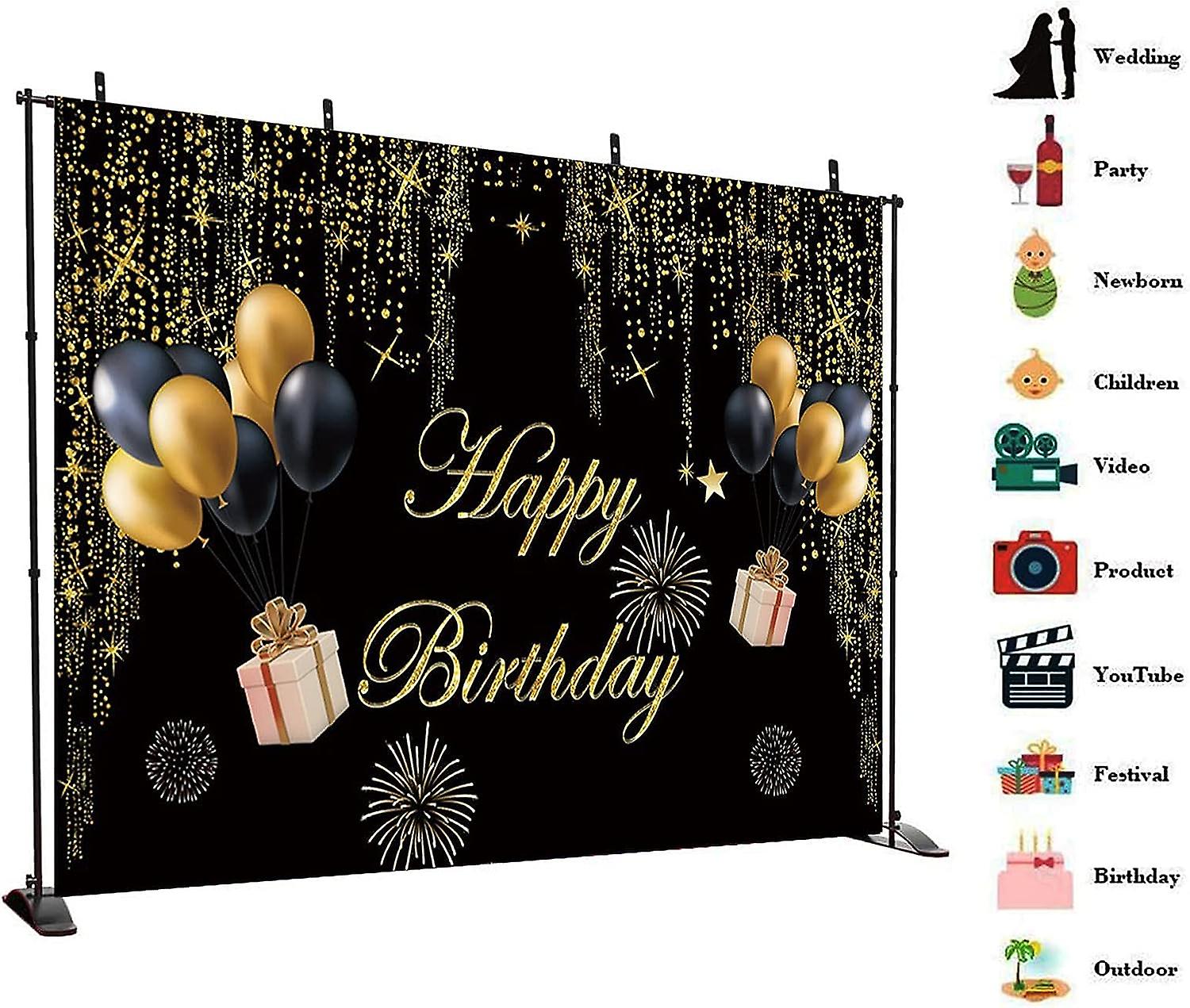 Glitter Gold Happy Birthday Backdrop Black Gold Balloons Birthday ...