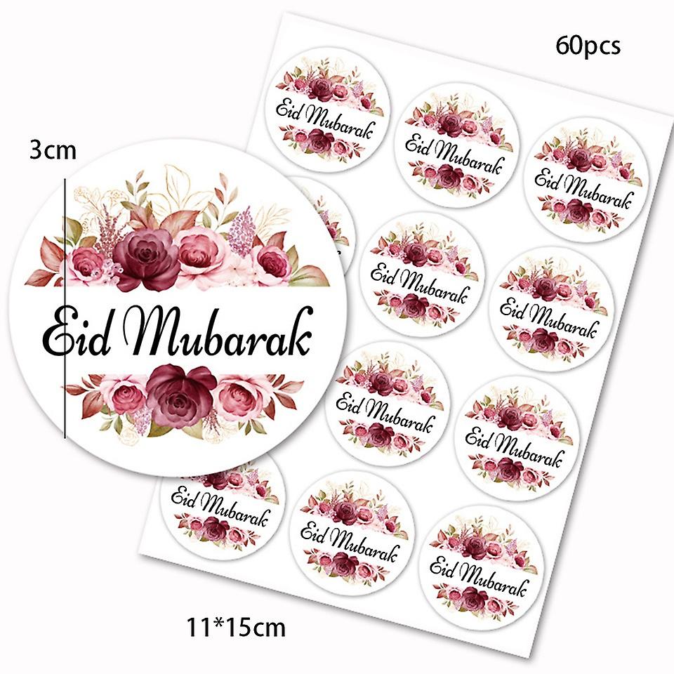 60pcs EID Mubarak Stickers Round Sticker Wreath Flower Type Stickers ...