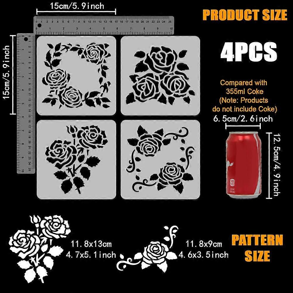 4 PCS Rose Flower Painting Stencil 5.9x5.9inch Rose Corner Border Painting Template Rose Vine ...