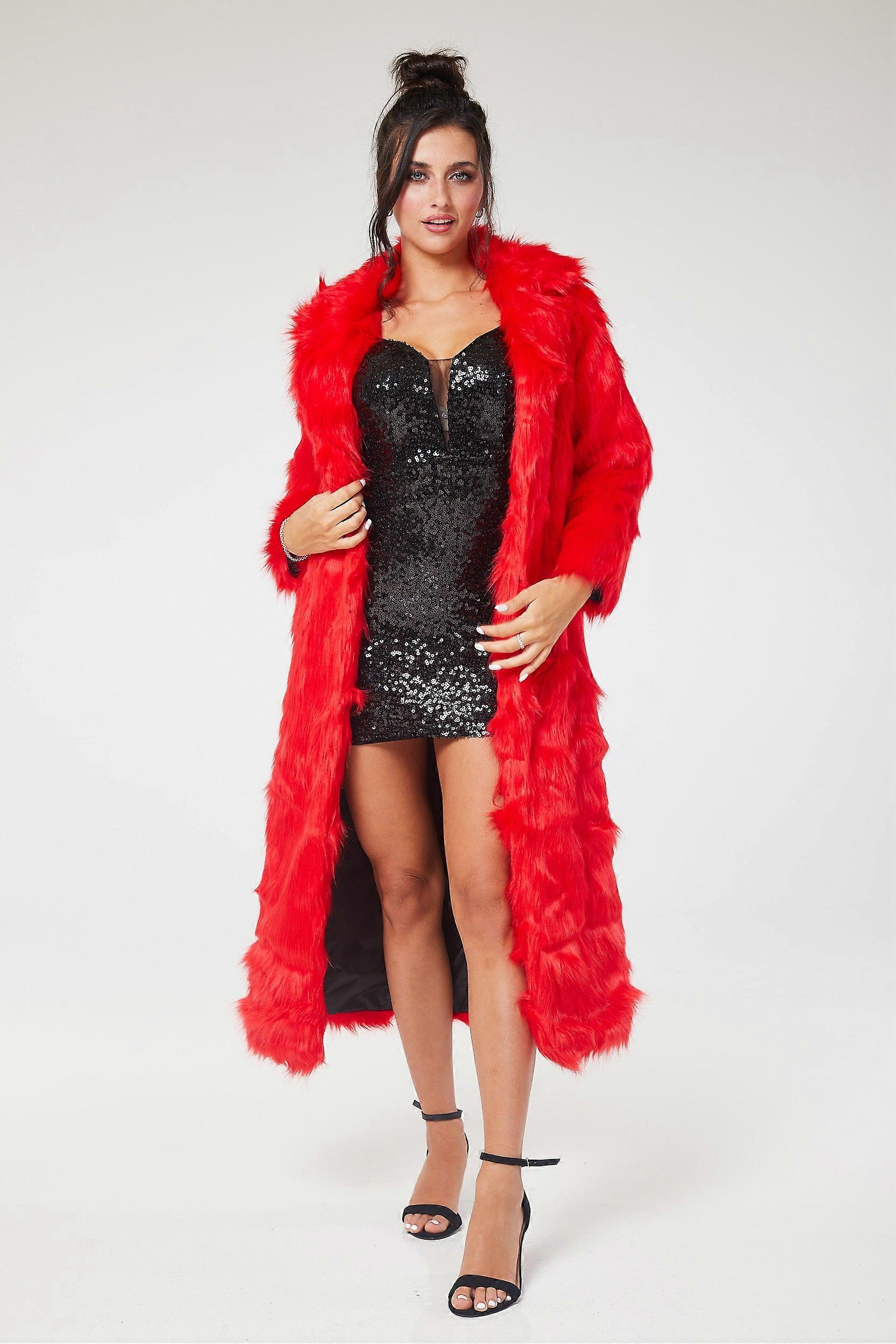 Red Faux Fur Long Coat | Fruugo US