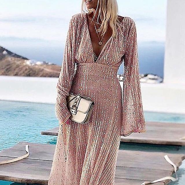 Women's Party Dress Sequin Dress Sundress Long Dress Beige Long Sleeve ...