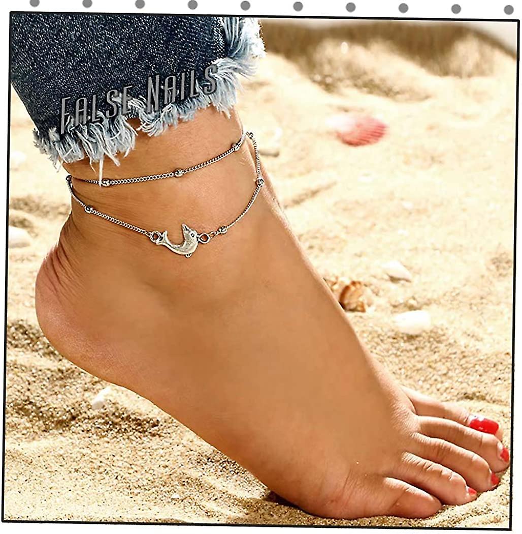 Earent Boho Double Anklet Silver Dolphin Pendant Ankle Bracelets Chain ...