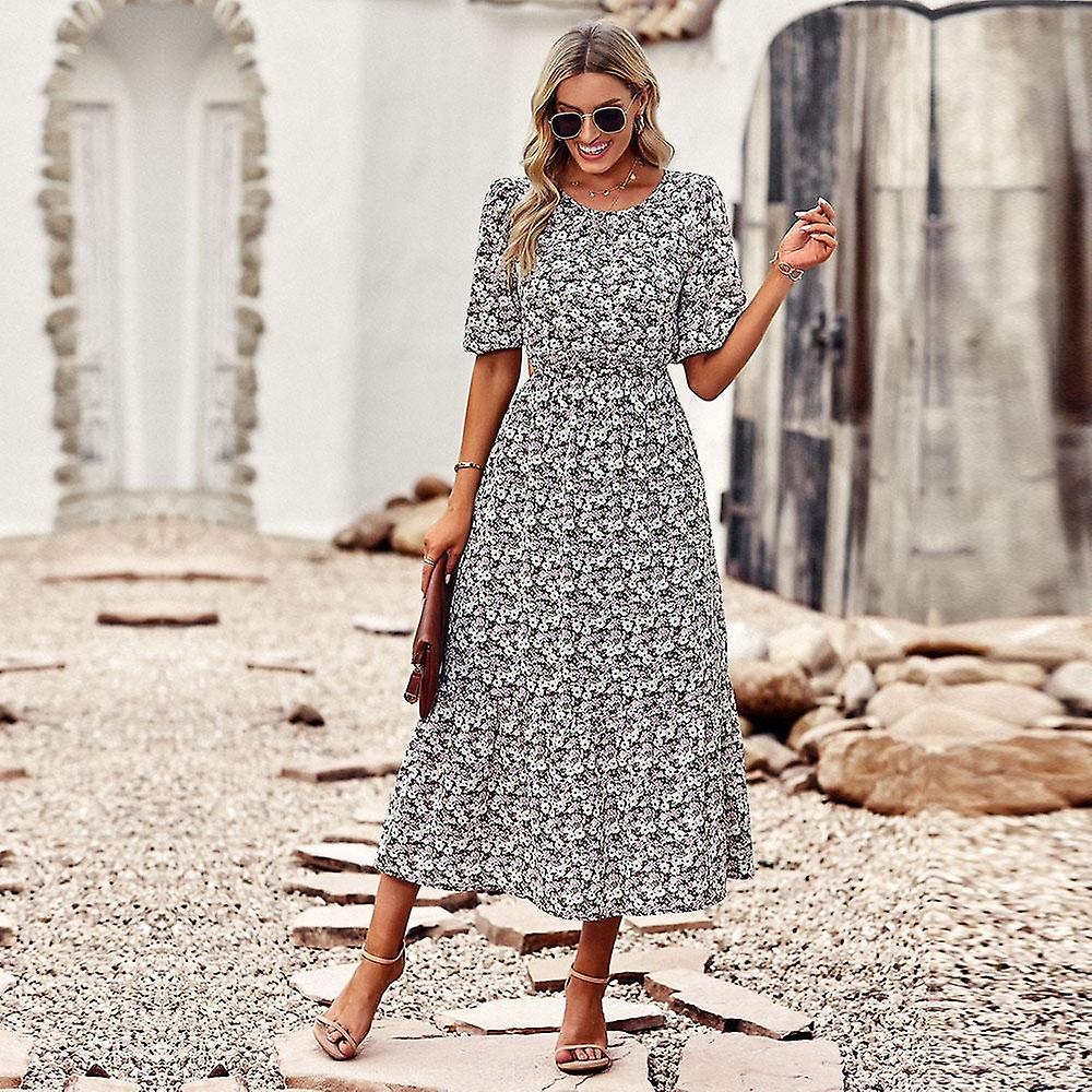 Spring Summer Crew Neck Print Dress For Ladies High Waist Wrapped A ...