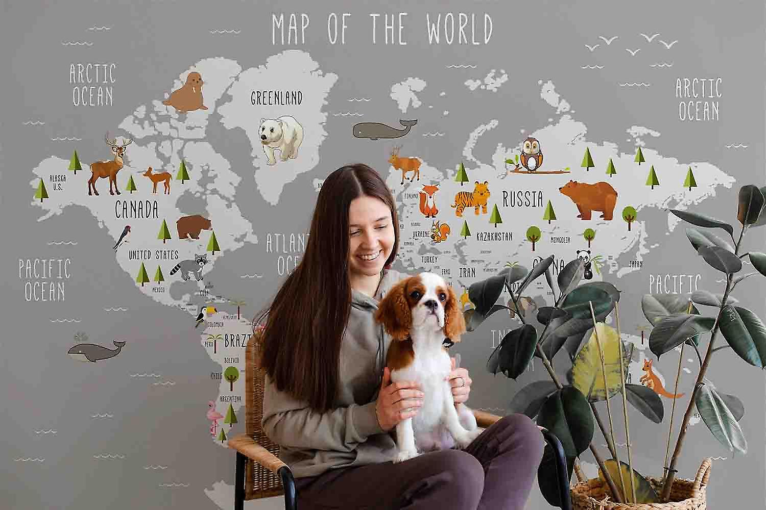 3d tecknad djur världskarta väggmålning tapet gd 3687 | Fruugo SE