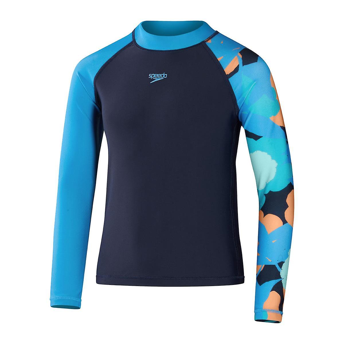 Speedo Boys Printed Long Sleeve Rash Top - True Navy/Baja Blue/ Apricot ...