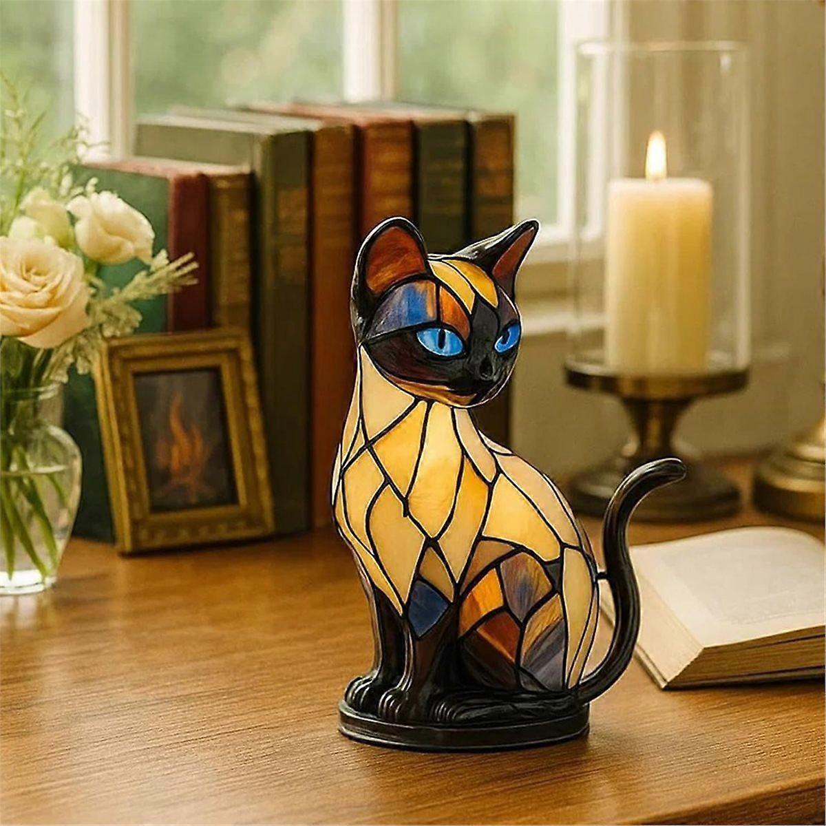 Stained Glass Cat Lamp Cute Animal Resin Night Light LED Bedside Lamp ...