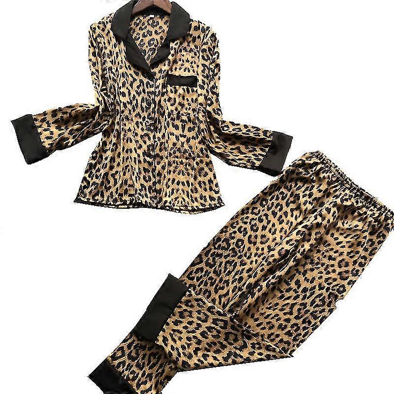 2-piece Set Women Pajamas Sets Sexy Leopard Print Silk Satin Long ...