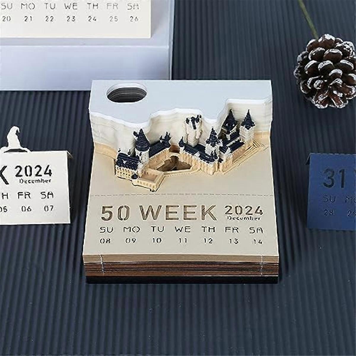 2024 Block Notepad with Calendar Square Castle LED 3D Notepad Sticky ...