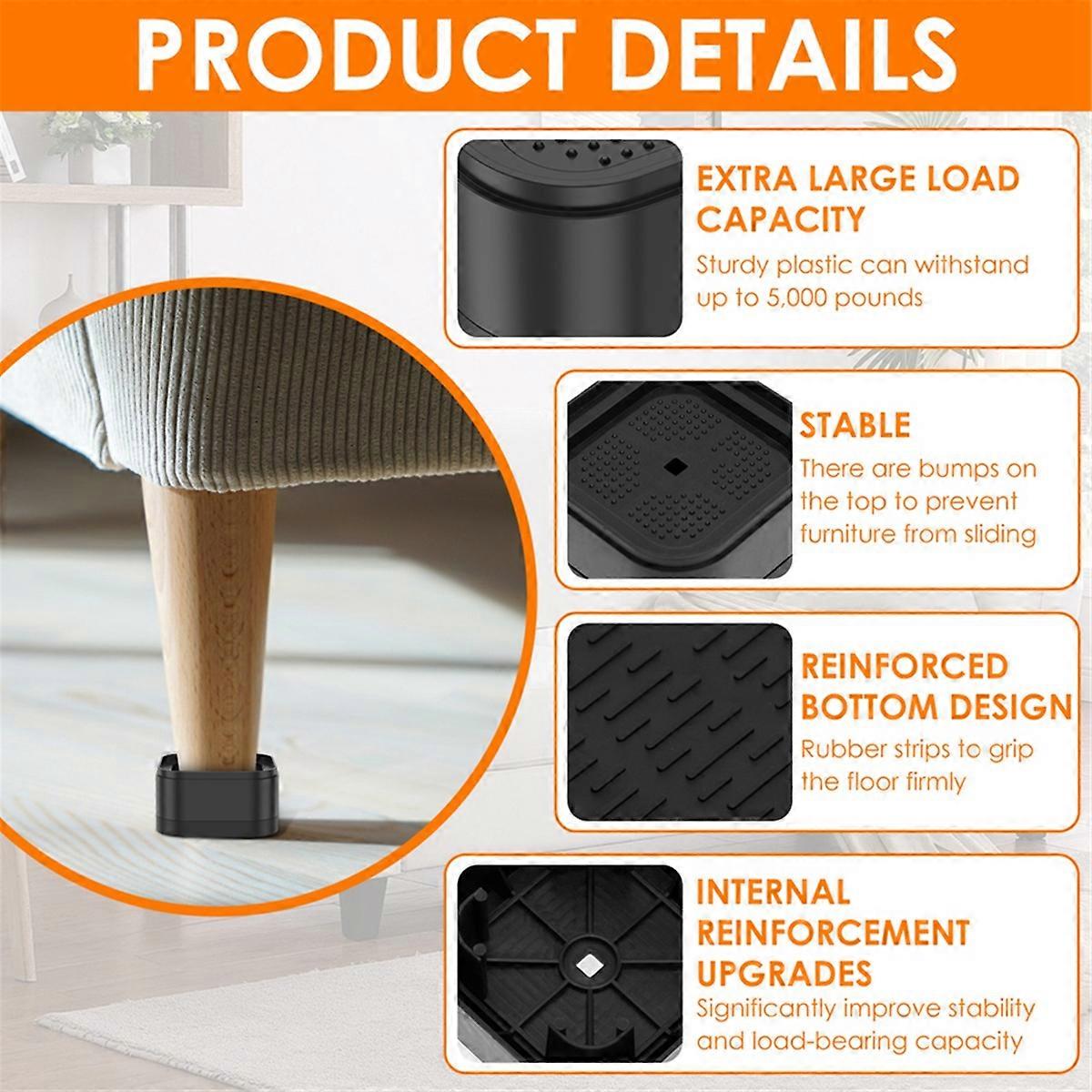 8 Pcs Furniture Risers Heavy Duty Bed Chair Table Heightening Foot Pad ...