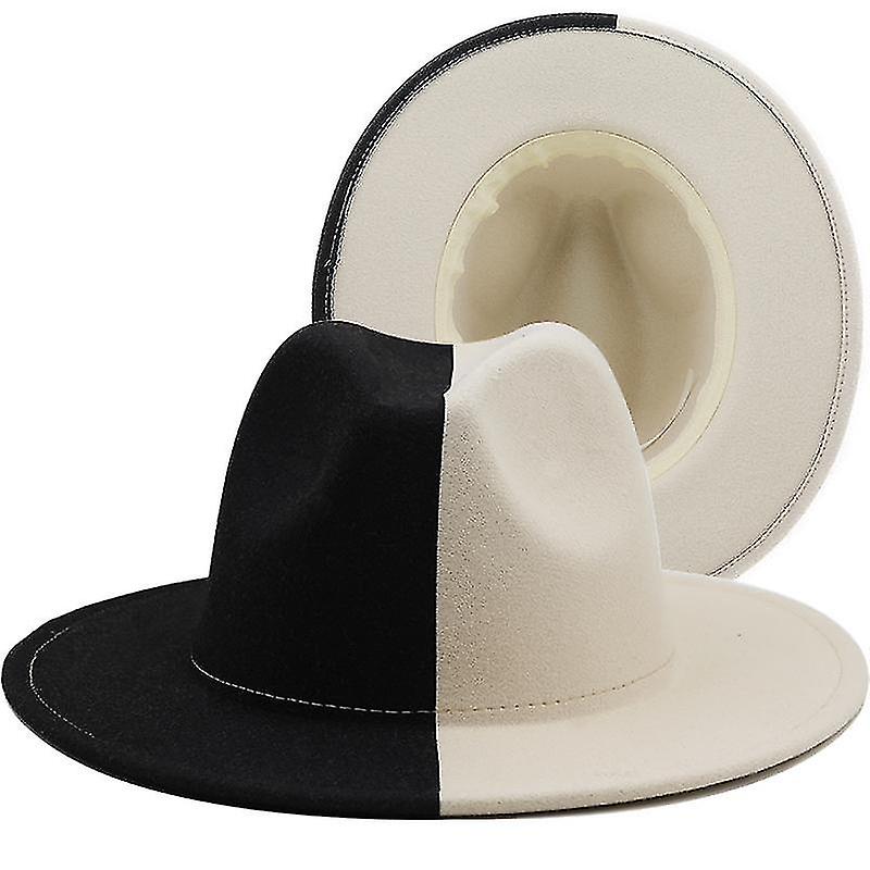 Black White Patchwork Wool Felt Jazz Fedora Hat Women Unisex Wide Brim ...