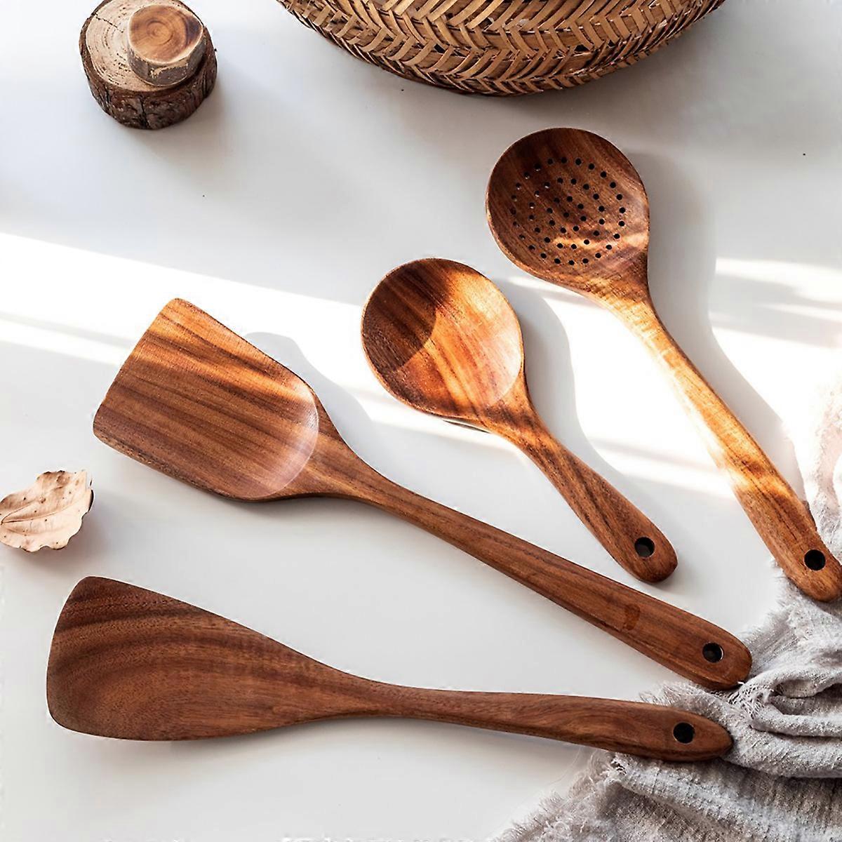 13 pcs Natural Teak Wooden Kitchen Utensil Set with Hook, Holder and ...