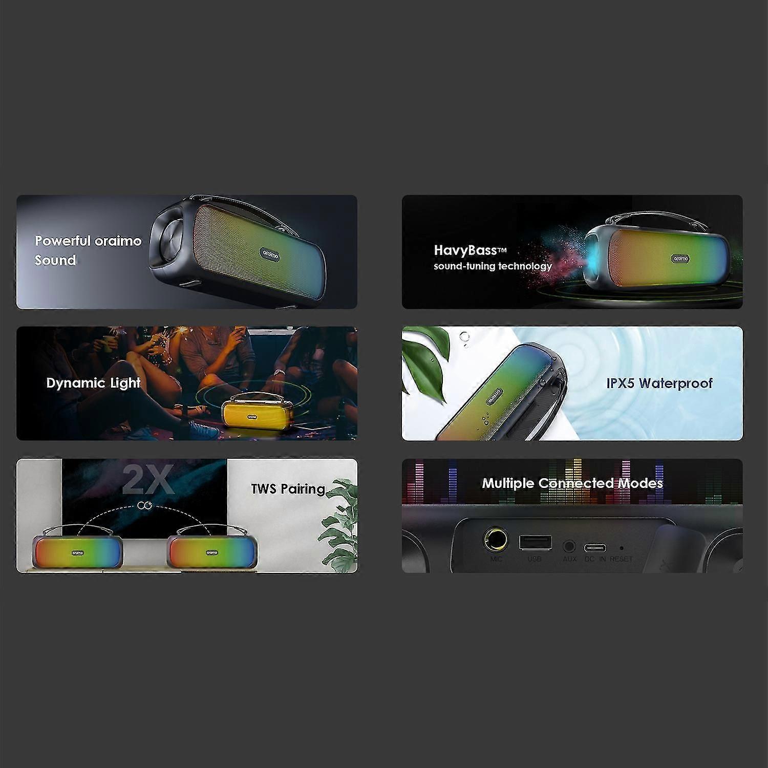 Oraimo Wireless Speaker OBS-75D Boom Powerful Sound Massive Bass Dynamic Light Effects Portable ...