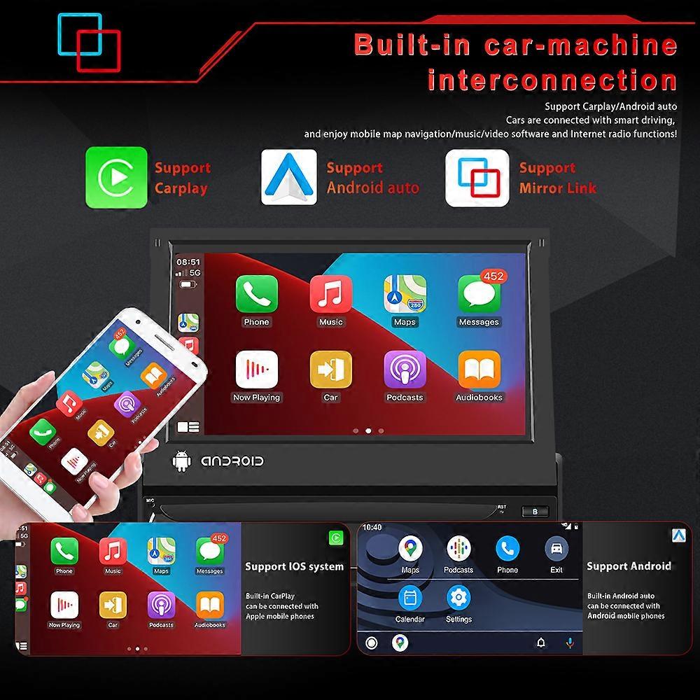 Podofo 1 DIN Android 10 Car Radio Carplay Universal 7'' Retractable Screen MP5 Player Auto Radio ...