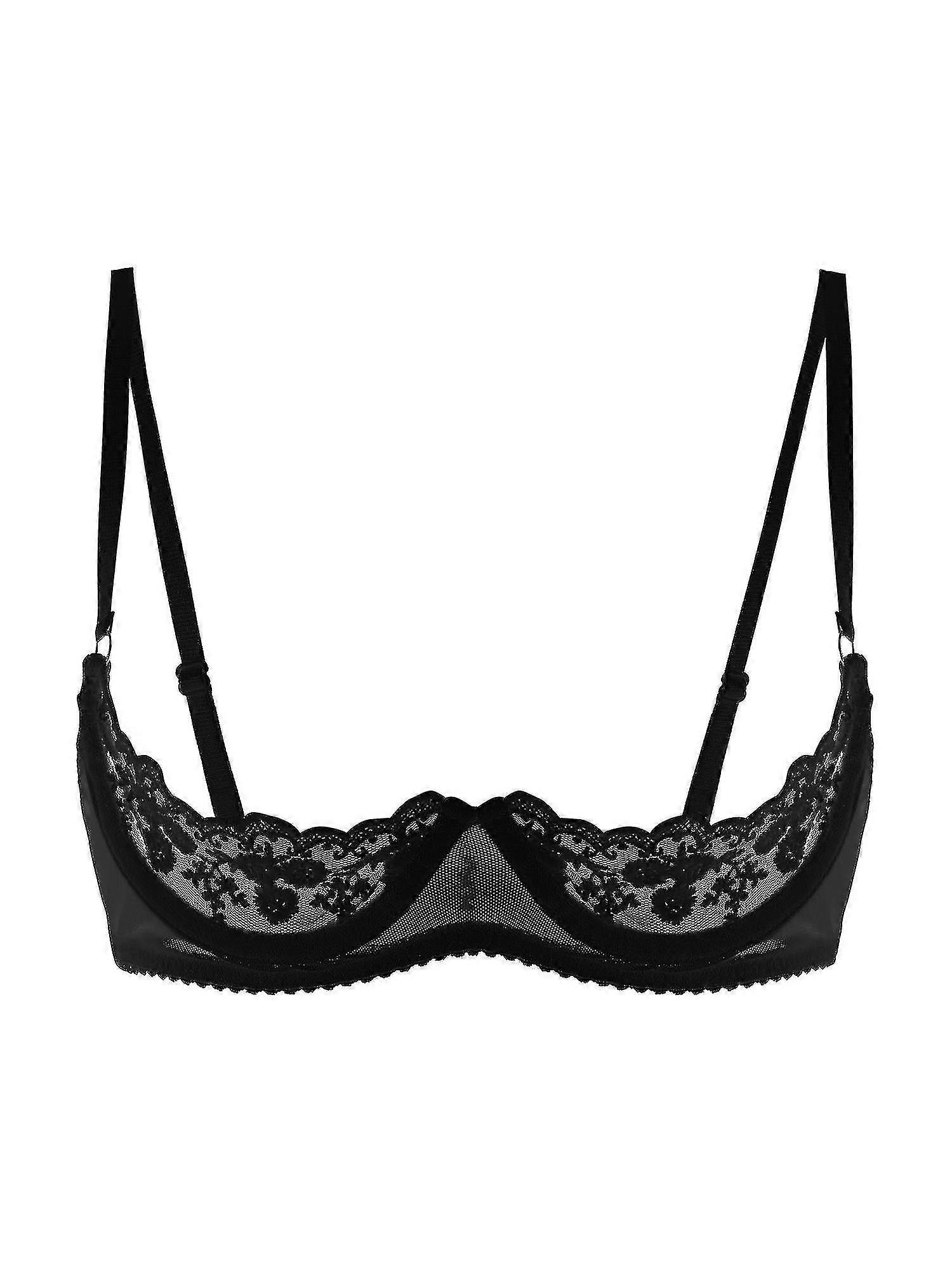 Womens 1/4 Cups Underwire Bra Halter Neck O Ring Sheer Lace Push Up ...