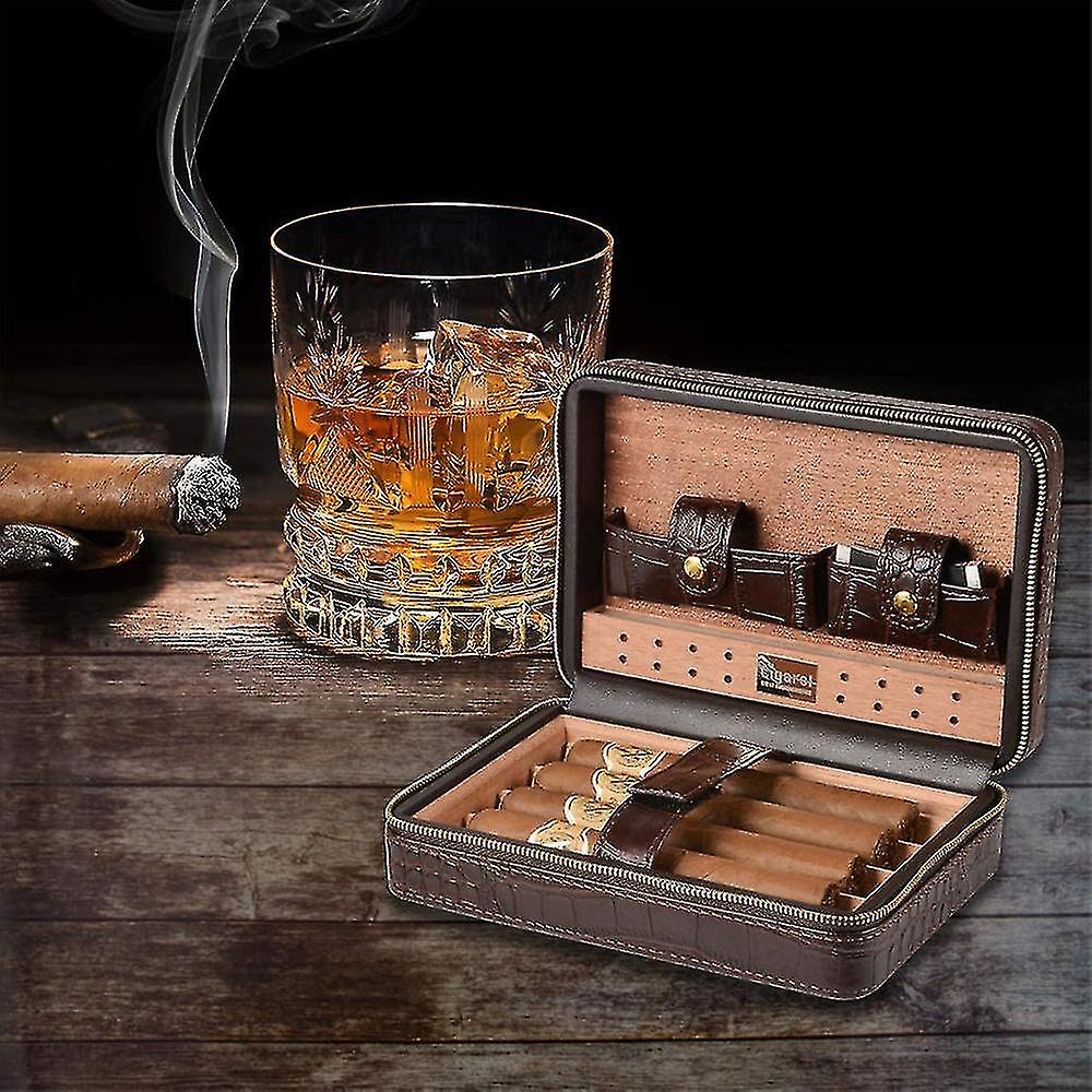 Leather Travel Cigar Humidor Case, Portable Cedar Wood With Humidifier ...