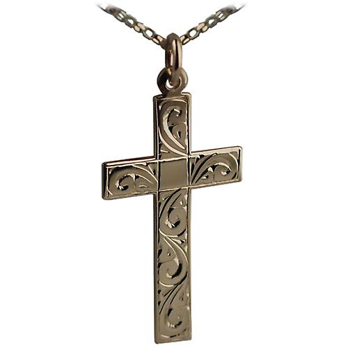 9ct Gold 34x19mm hand engraved flat latin Cross with belcher Chain 18 ...