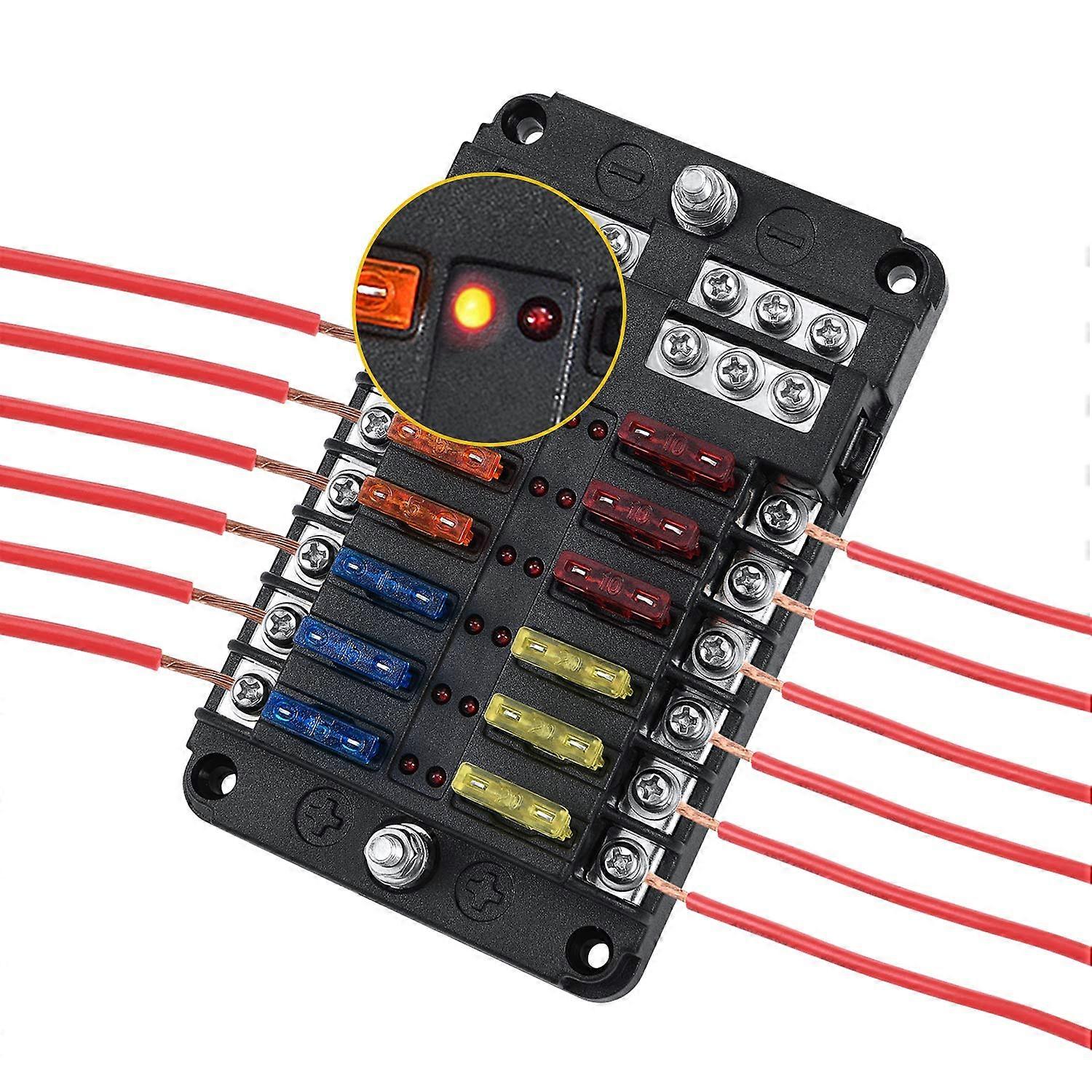Fuse Box, 12-Way Blade Fuse Block with LED Indicator, 12 Circuits Fuse ...