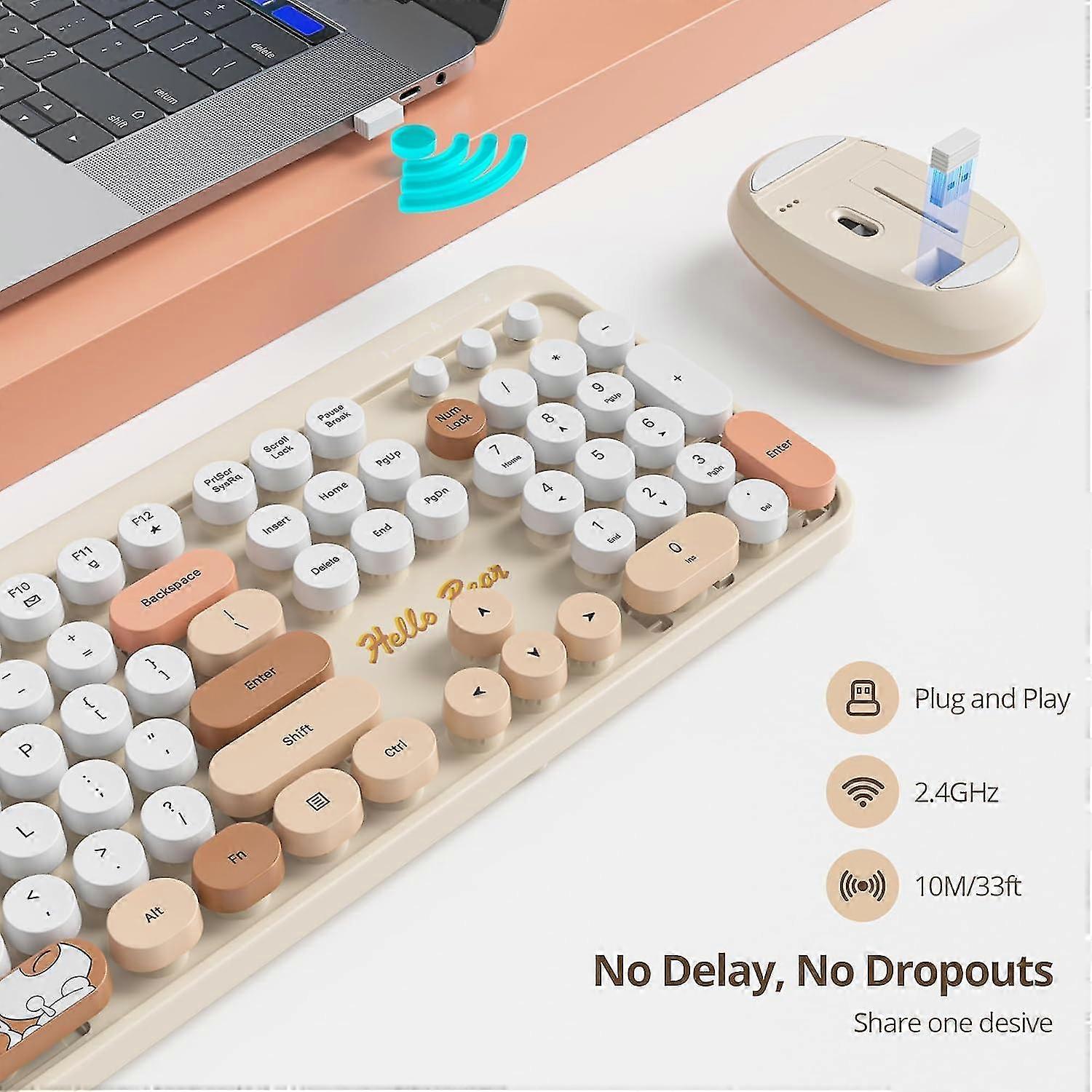 Creamy Wireless Keyboard And Mouse, Typewriter Office Full-sized ...