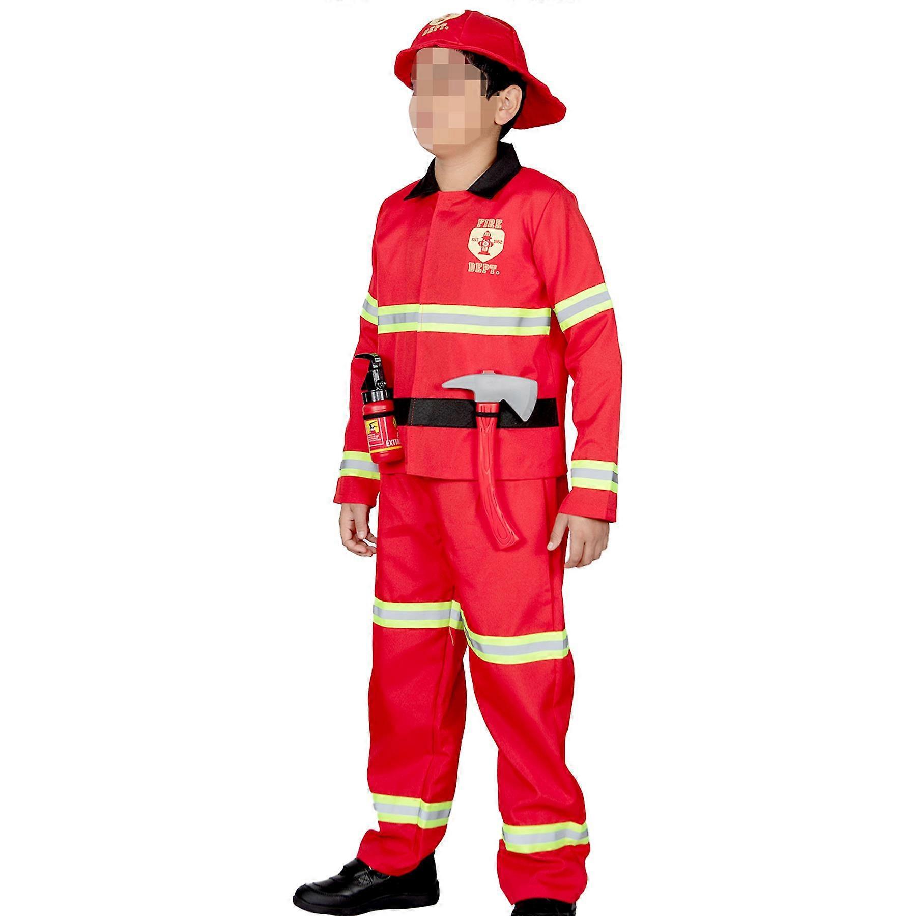 Kids Fireman Costume Firefighter Role Play Halloween Fire Man Uniform ...