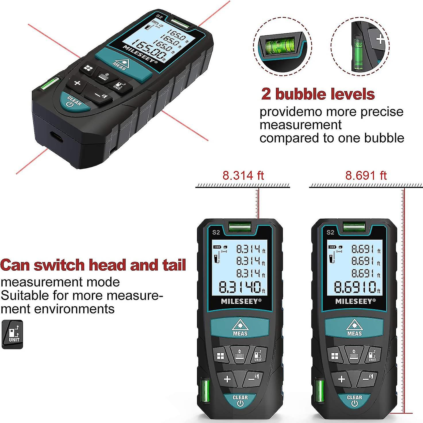 50m Laser Distance Meter, Mileseey By 2 Bubble Levels 2mm Digital Laser ...
