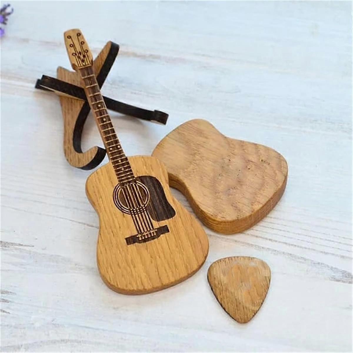 Wooden Guitar Shaped Guitar Picks Holder with Stand, Wooden Acoustic ...