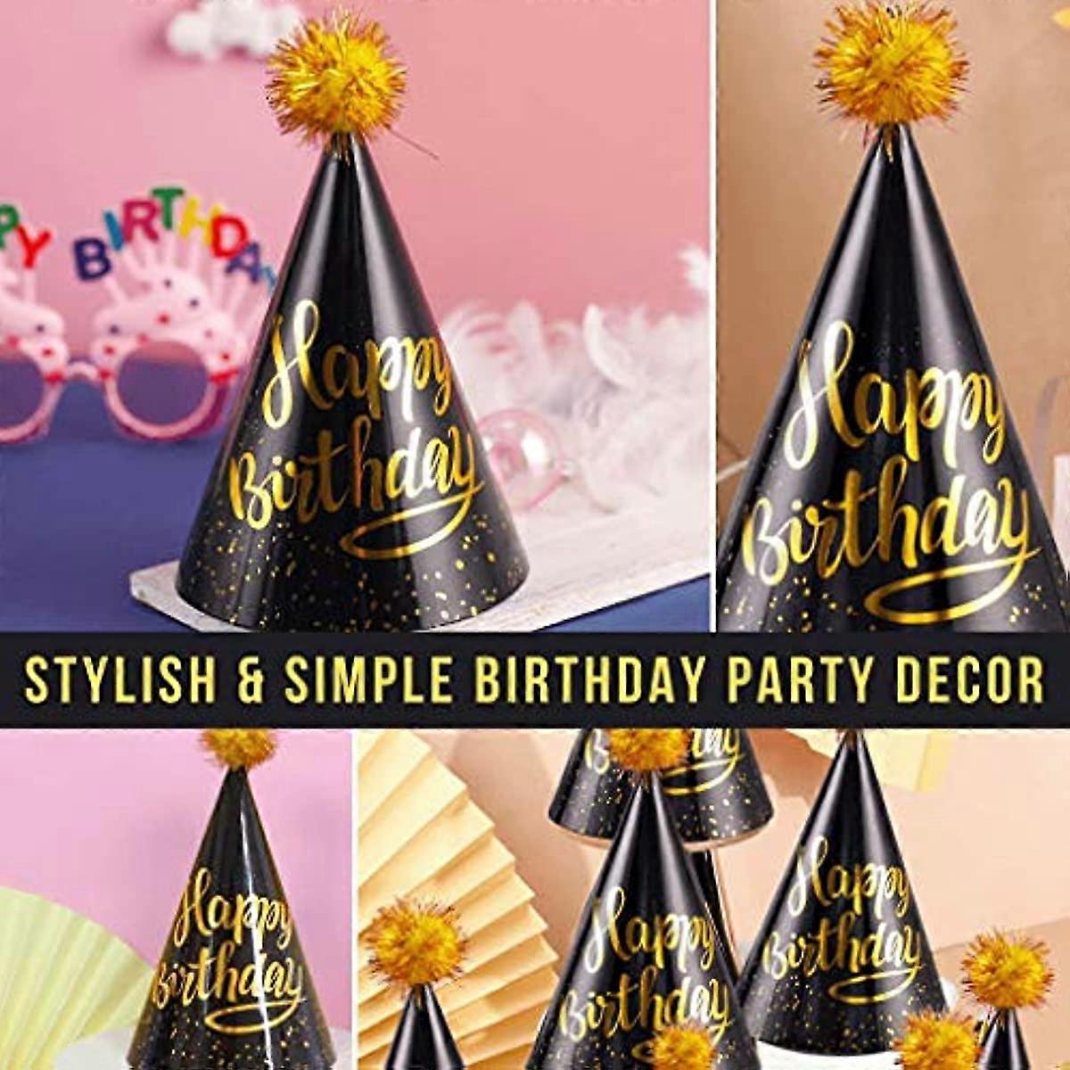 Birthday Party Hats - Fun Celebration Kit of 10 Black and Gold Happy ...