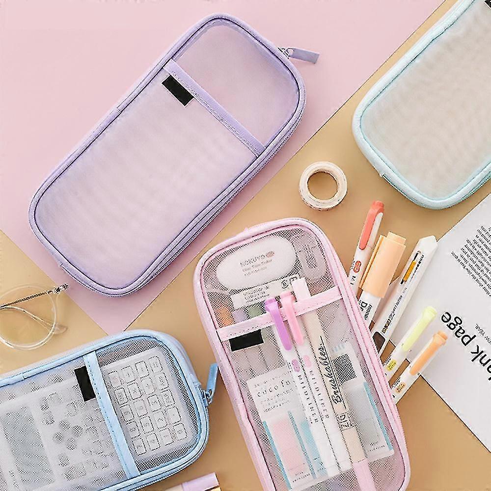 Grid Mesh Pencil Bag Clear Simple Stationery Organizer Multi-color Pen ...