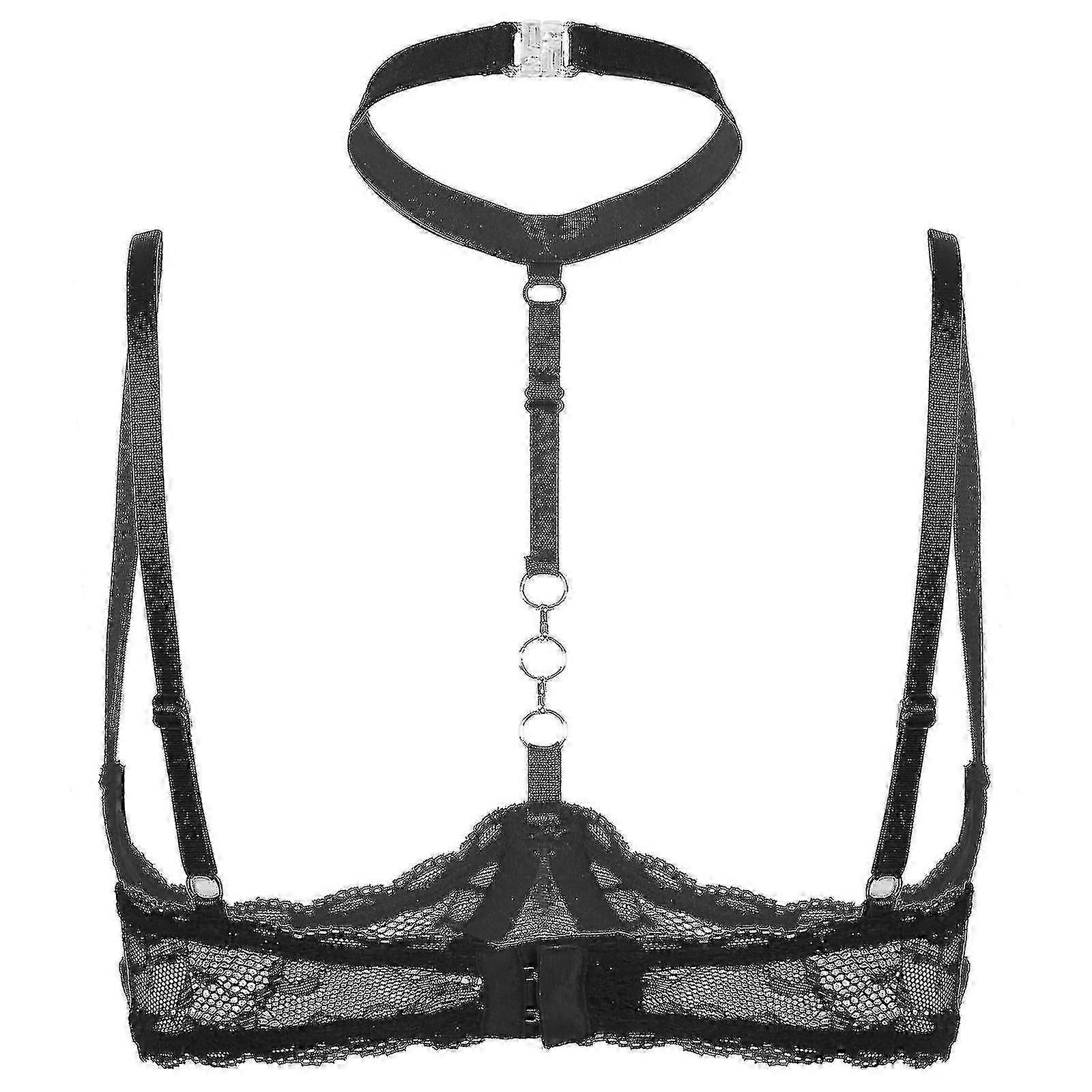 Womens 1/4 Cups Underwire Bra Halter Neck O Ring Sheer Lace Push Up ...