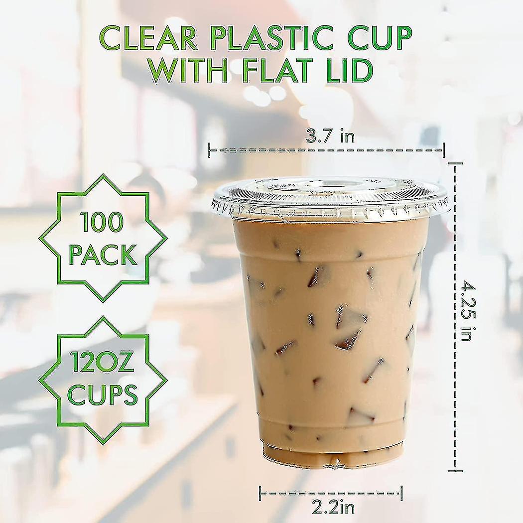 [100 Sets] 12oz Clear Plastic Cups With Flat Lids, Disposable Drinking ...