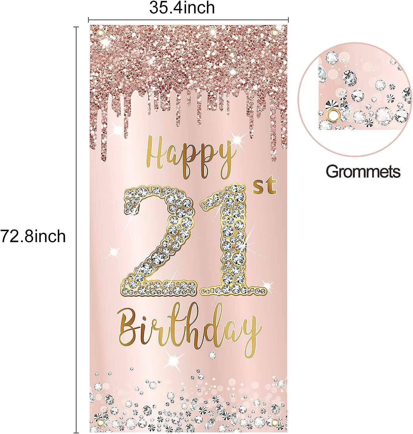 Happy 21st Birthday Door Banner Backdrop Decorations For Women, Pink Rose Gold 21 Birthday Party ...