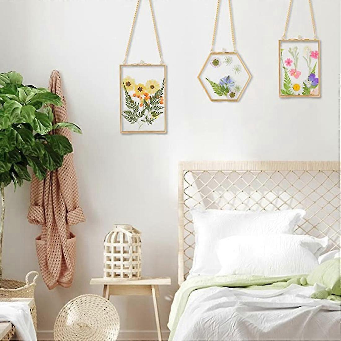 For 3 Packs Pressed Flowers Glass Frames - Golden Hanging Glass Picture ...