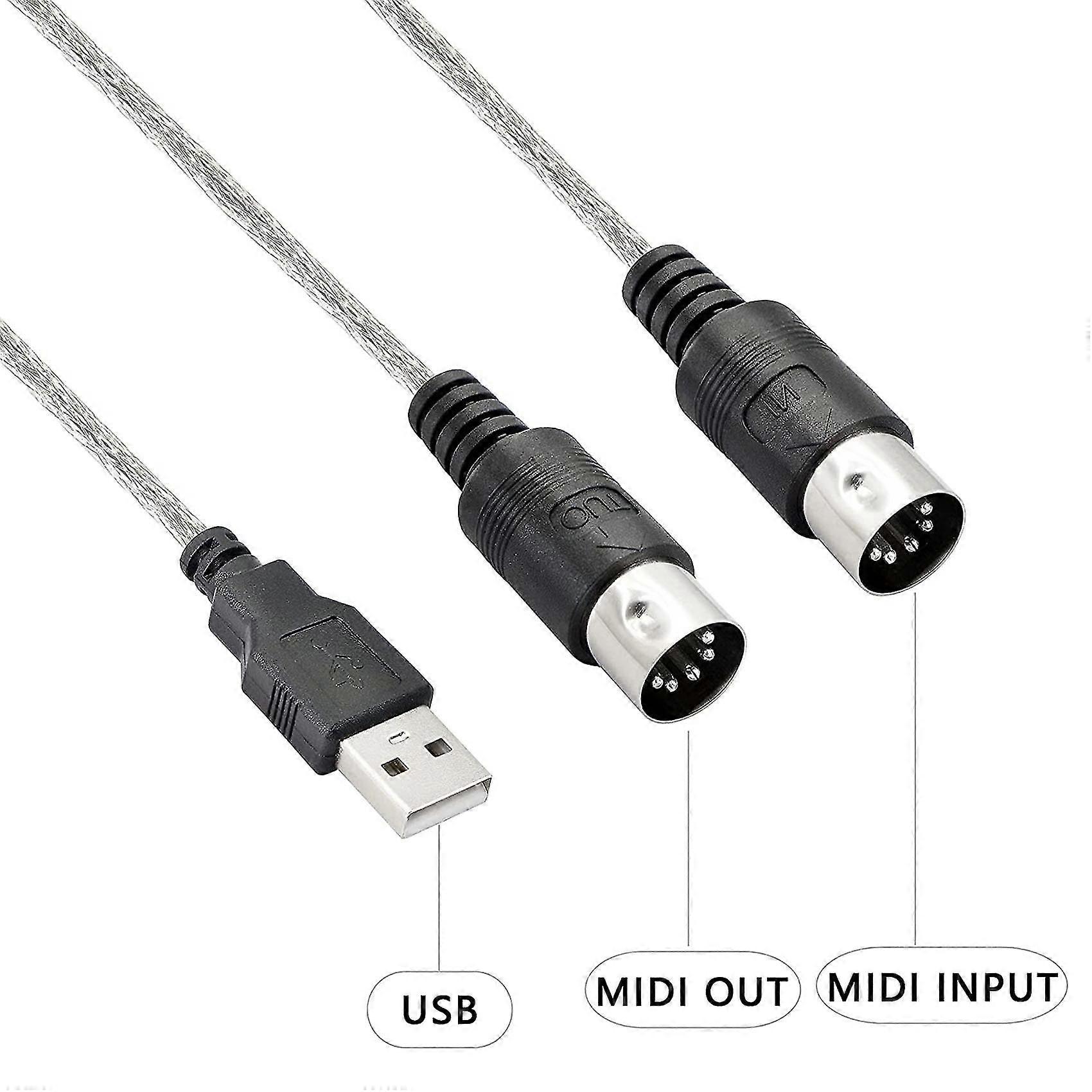 USB MIDI Cable Adapter, USB Type A Male to MIDI Din 5 Pin In-Out Cable Interface with LED ...