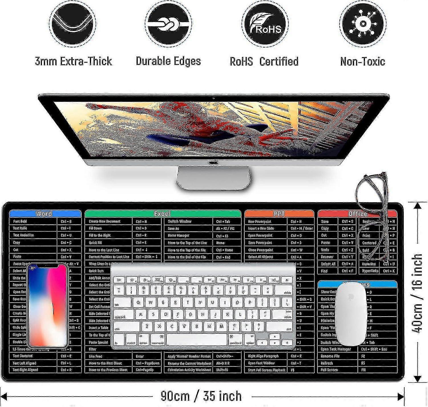 Keyboard Shortcuts Mouse Mat Large Xxl (900x400x3mm) Thick Extended ...