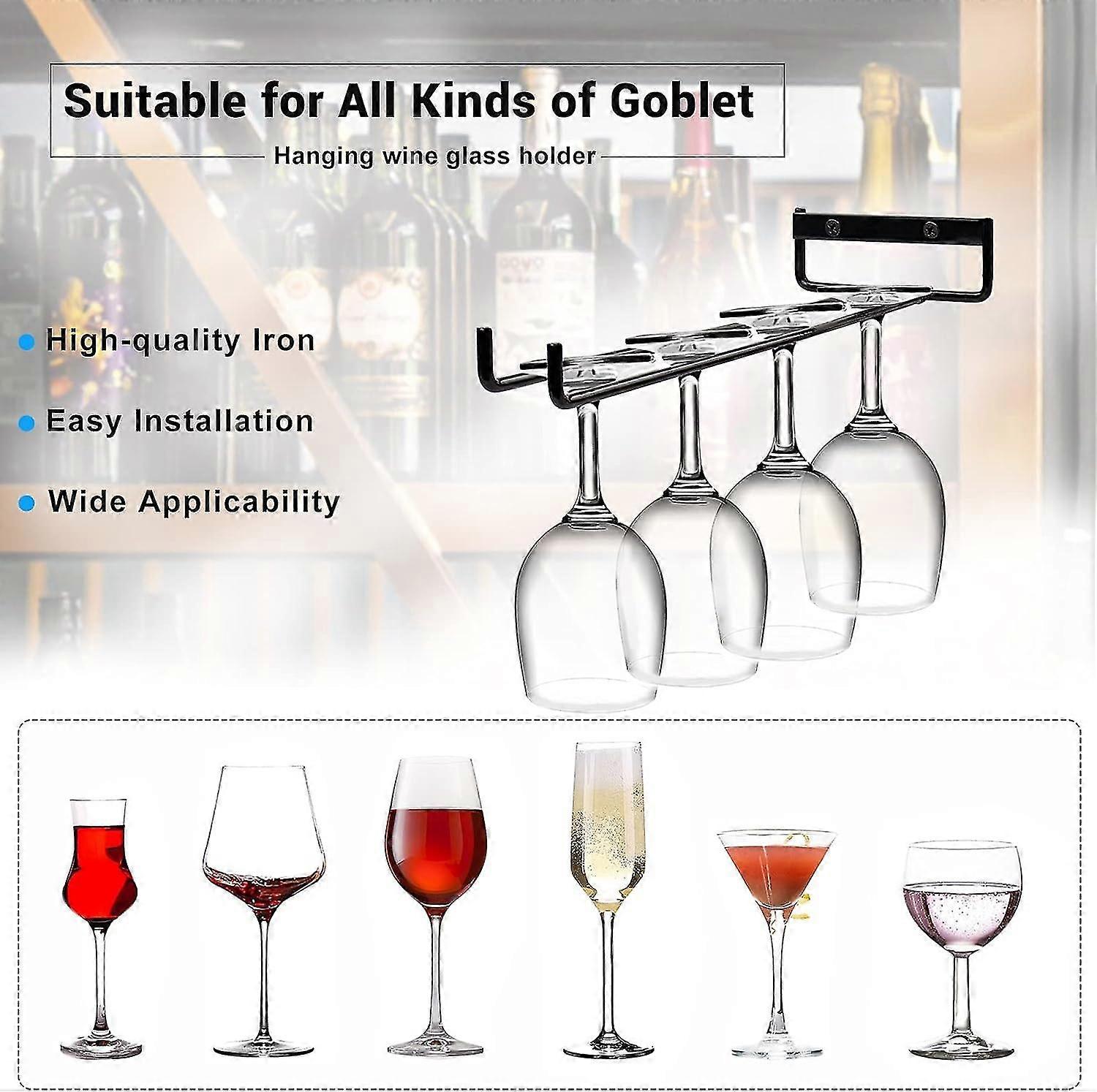 Bar Wall Mounted Iron Single Row Wine Glass Holder 4 Pieces (black ...