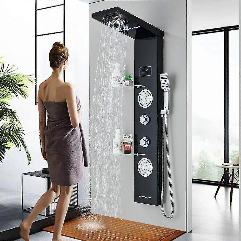 Black/Brushed LED Light Shower Panel SPA Massage Jet Bathroom Column ...
