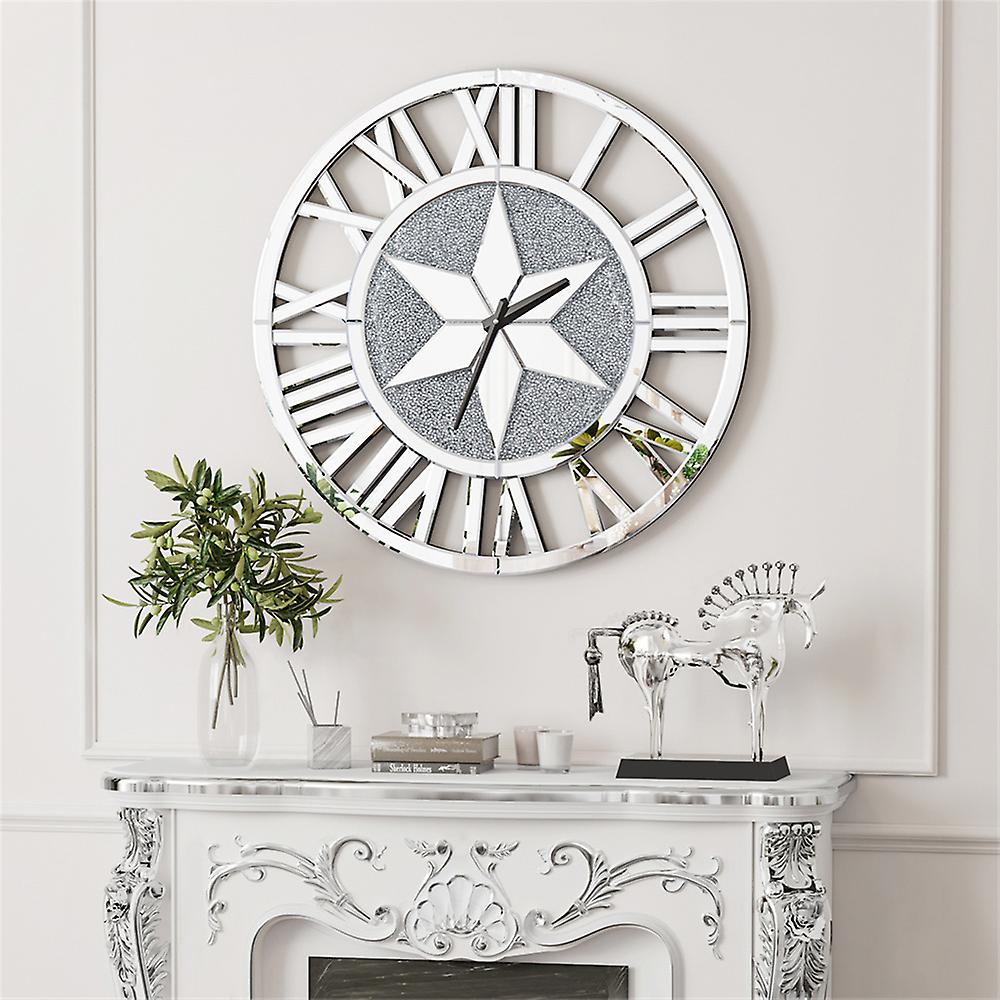 Large Silver Round Mirrored Wall Clock Elegant Design Roman Numerals 60 ...