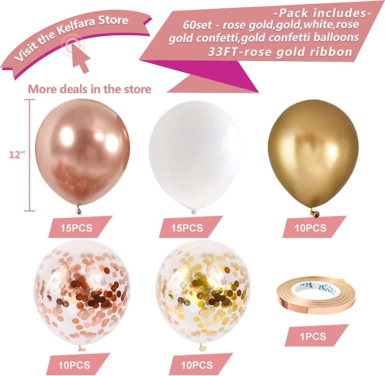 Rose Gold Confetti Latex Balloons, 60 pcs 12 inch White Metallic Gold ...