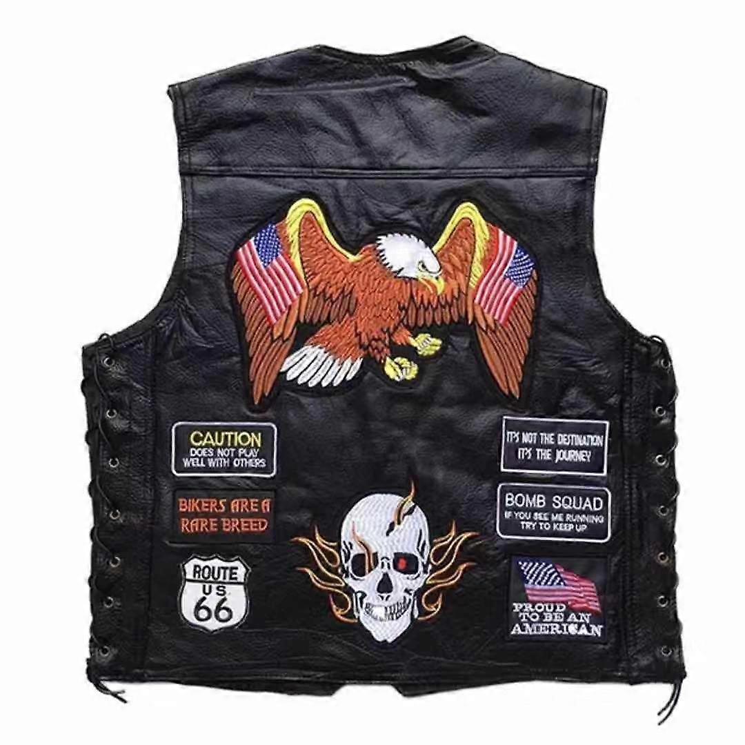 Men's Motorcycle Leather Vests Short Single Breasted 42 Patches Fashion ...