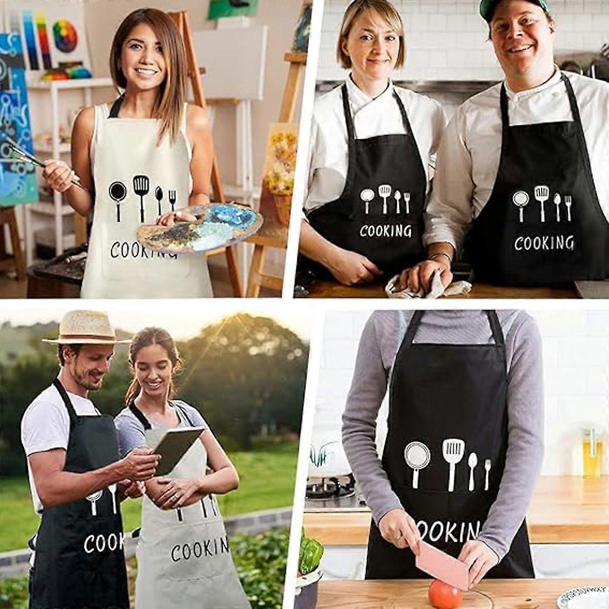 2 pieces black kitchen beige, man woman apron with 2 pockets, chef ...