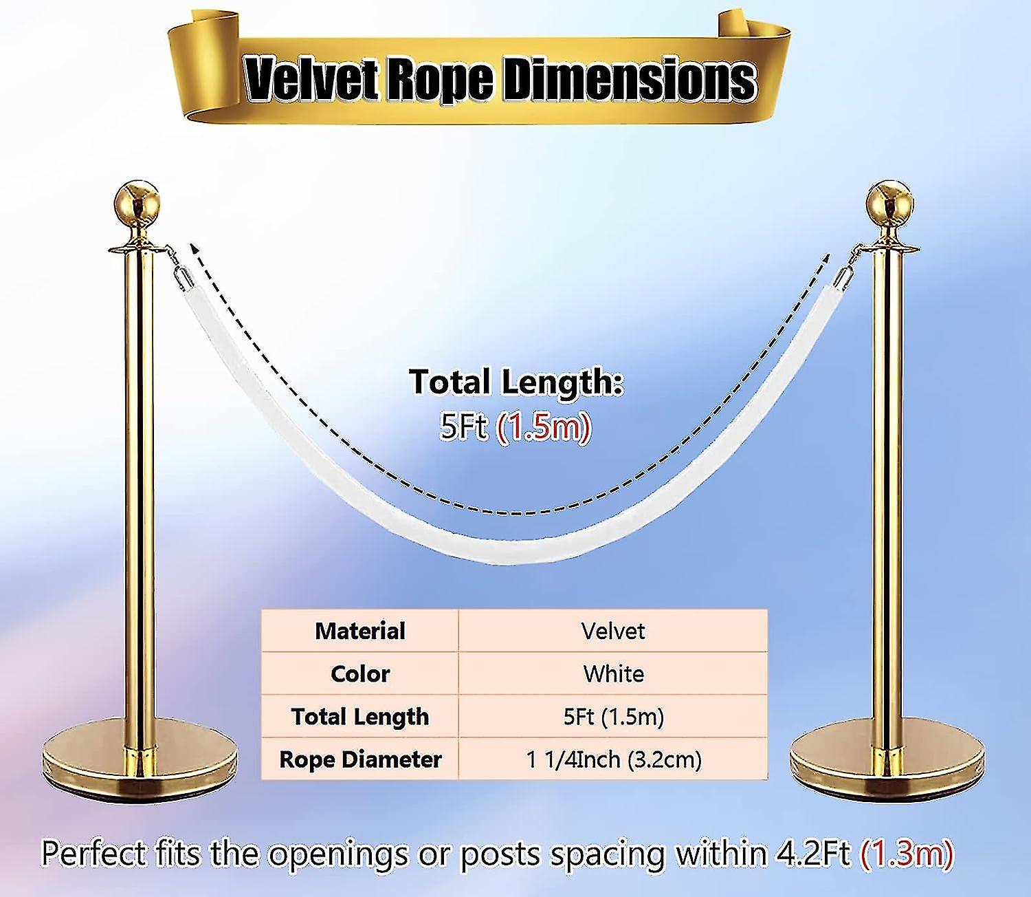 5 Ft Velvet Stanchion Ropes White, 4 Pack Crowd Control Rope Safety ...
