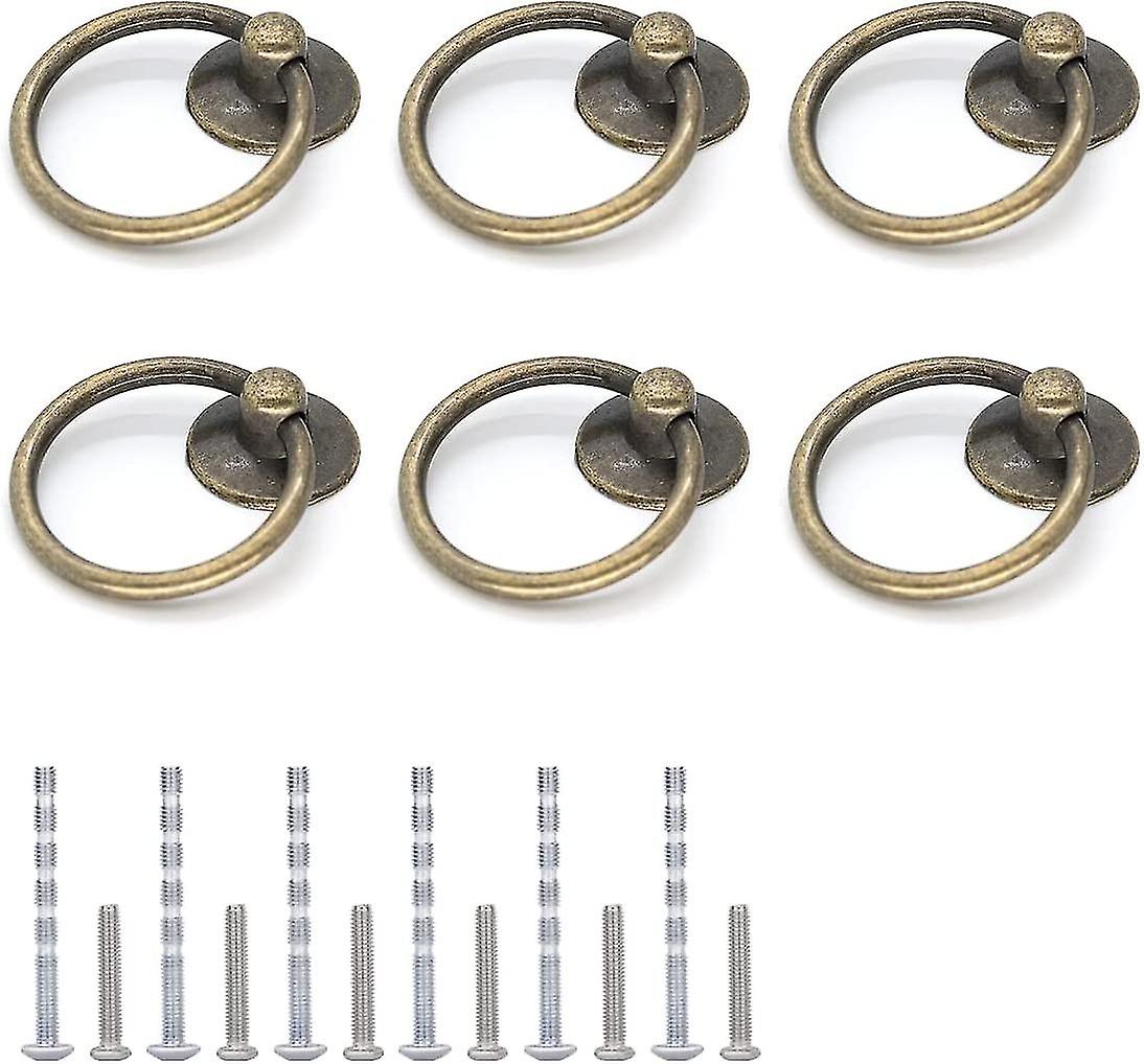 6pcs Antique Brass Drop Ring Drawer Pulls, Vintage Cabinet Ring Handles, Metal Drawer Ring Knobs ...