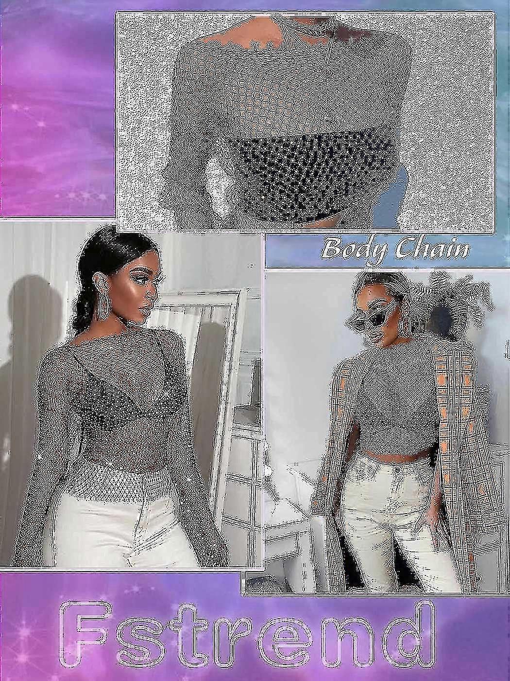 Women Mesh Body Chains Rhinestone Long Sleeve Crystal See Through Cover ...